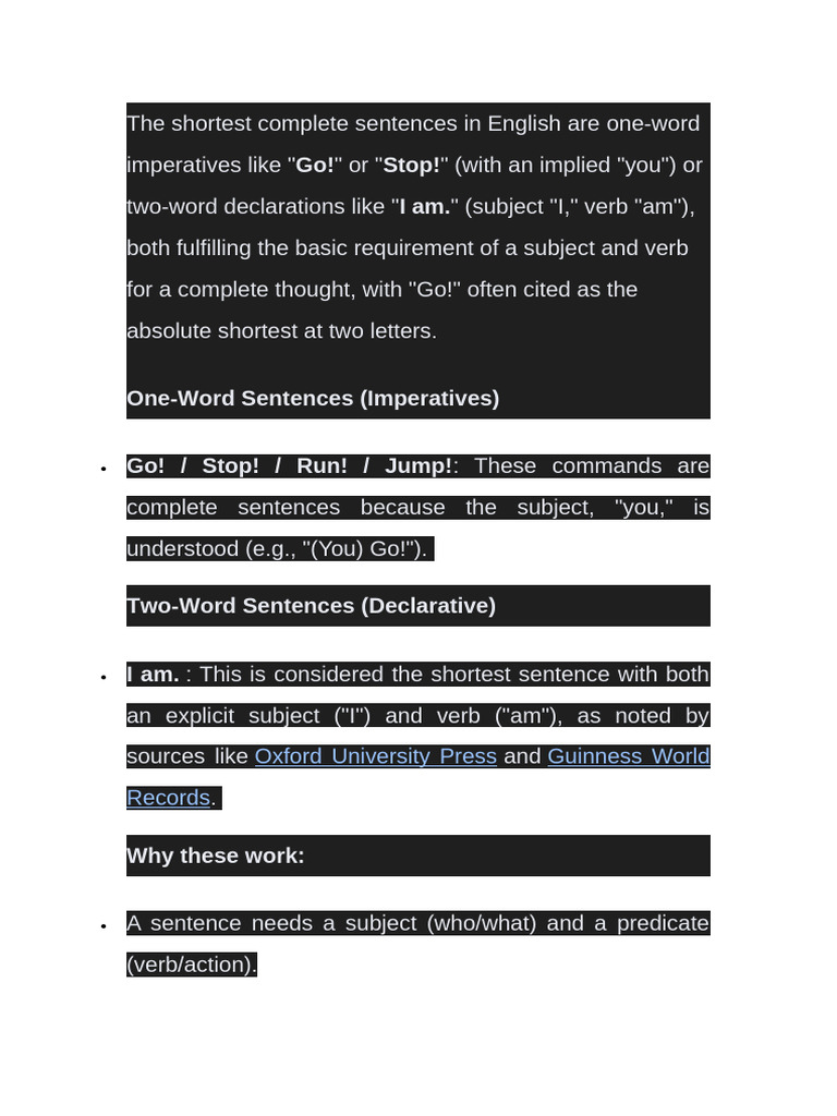Shortest Complete Sentences in English | PDF | Subject (Grammar) | Verb