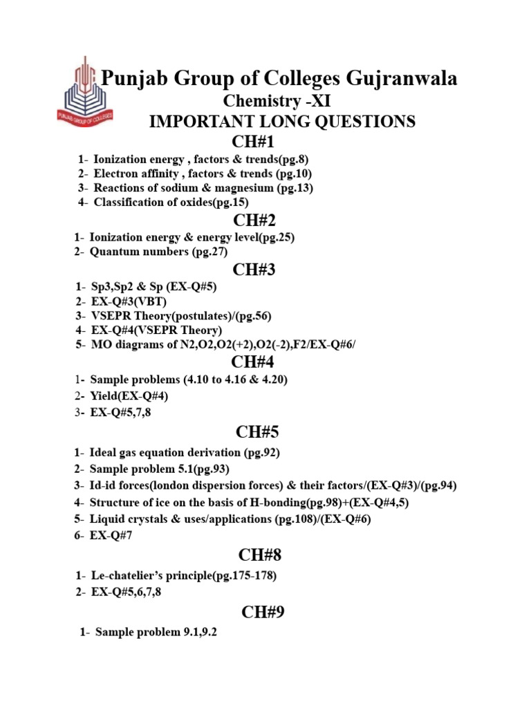 Chemistry XI Imp Long Questions | PDF