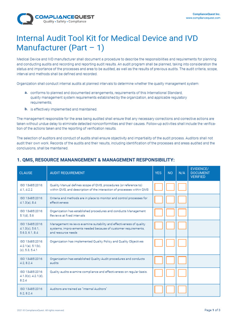 Internal Audit Toolkit for Medical Devices | PDF | Audit | Verification ...
