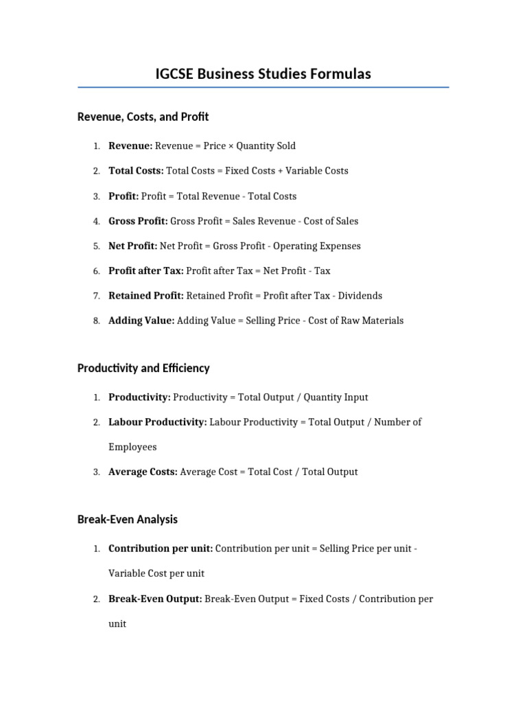 IGCSE Business Studies Formulas | PDF