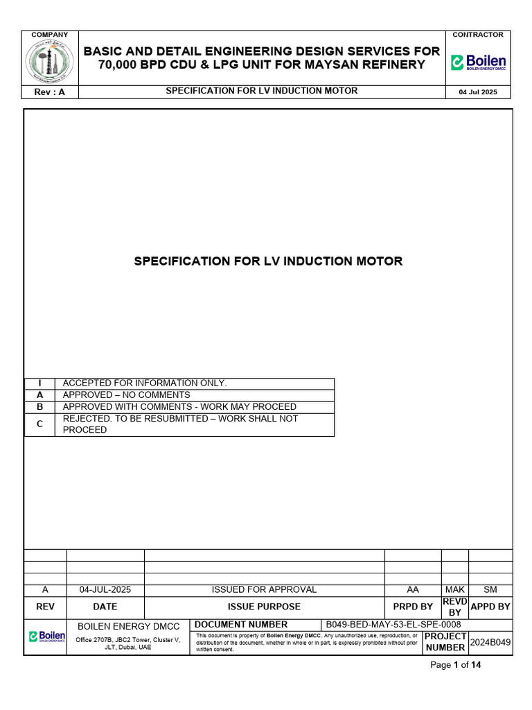 b049 Bed May 53 El Spe 0008 Specification For L.V. Induction Motor ...
