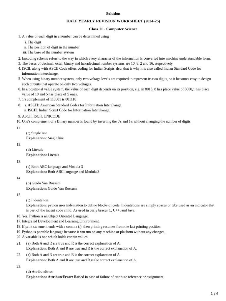 Class 11 Computer Science Revision Worksheet | PDF | Control Flow ...