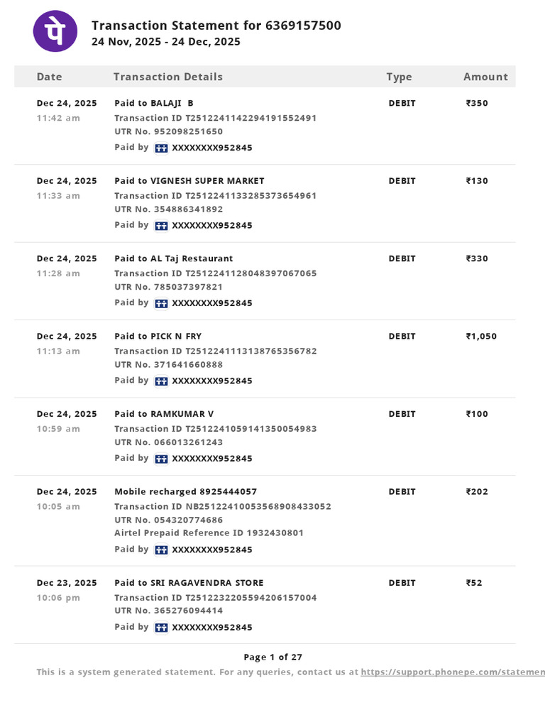 Transaction Statement Summary 6369157500 | PDF | Debit Card | Debits ...