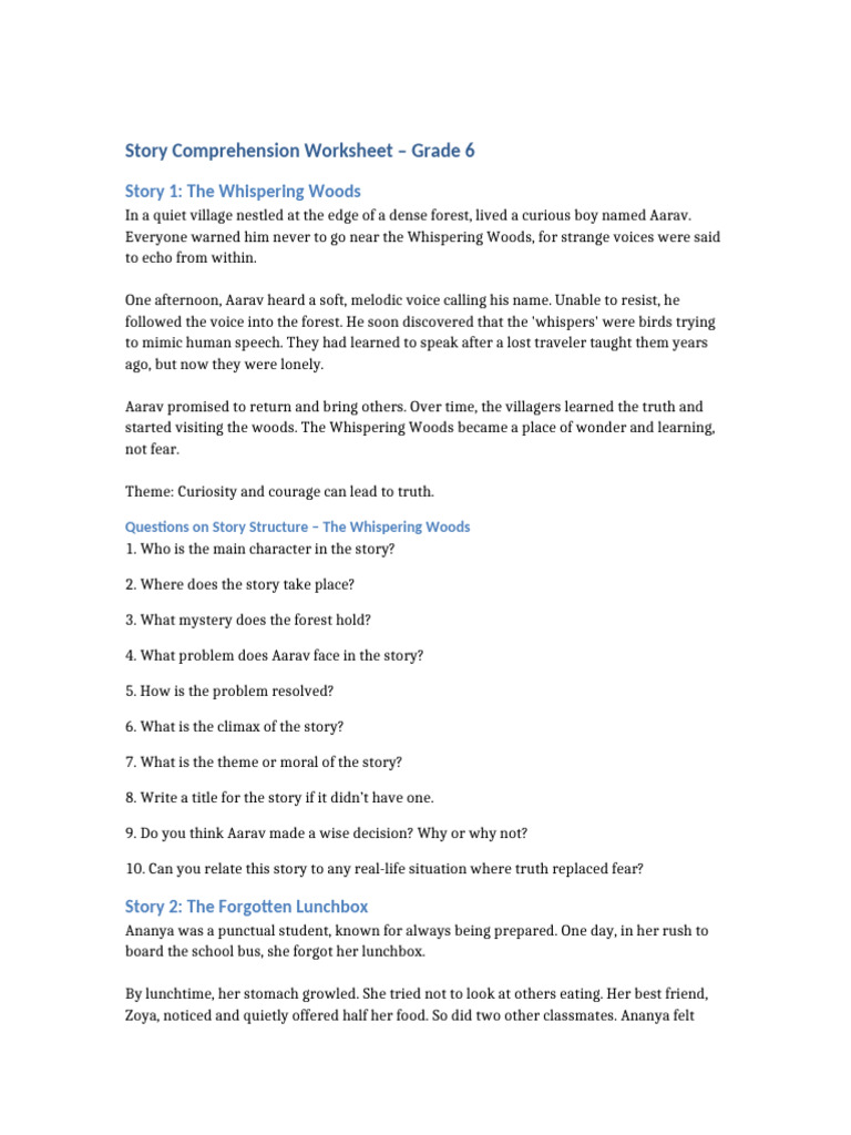 Story Comprehension Worksheet Grade6 | PDF