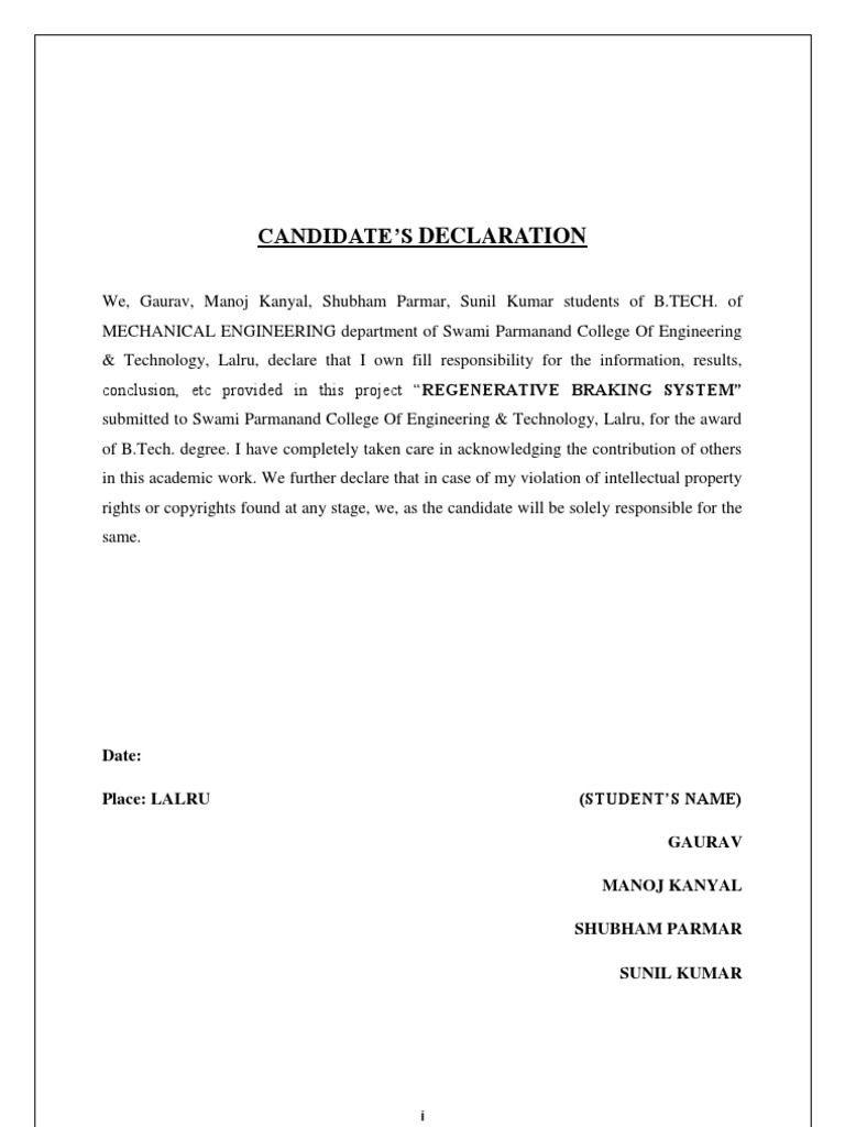 Candidate'S Declaration: Date: Place: LALRU (Student'S Name) Gaurav Manoj Kanyal Shubham Parmar ...