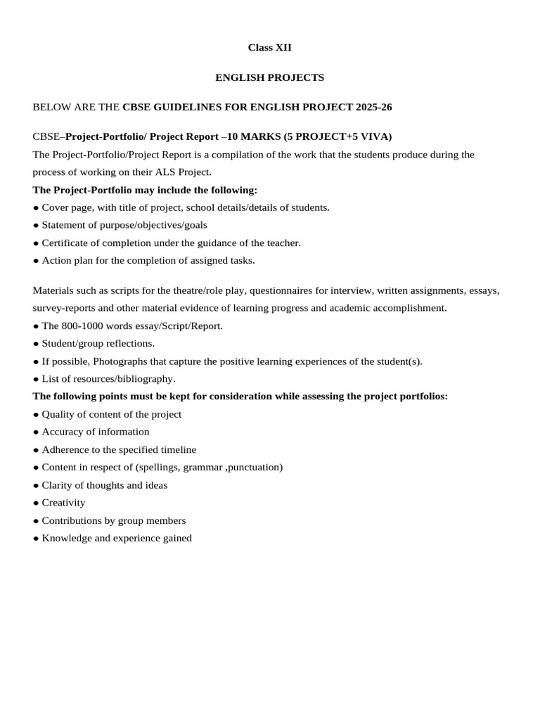 CBSE Class XII English Project Guidelines | PDF