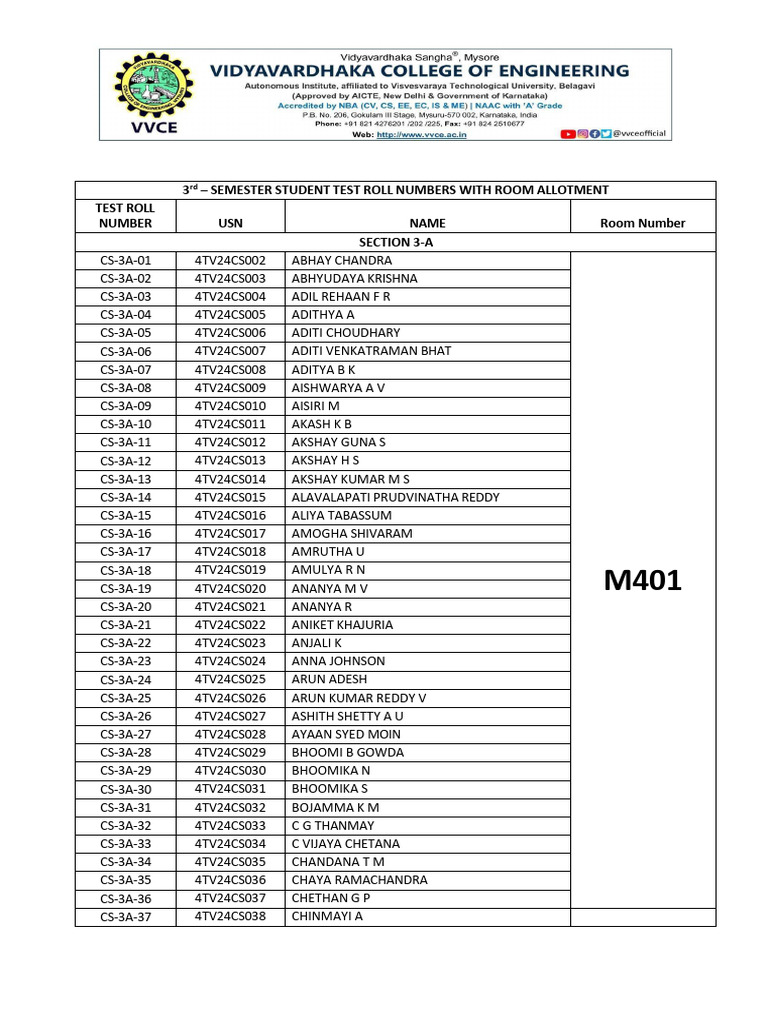 3rd Semester Student Test Roll List | PDF