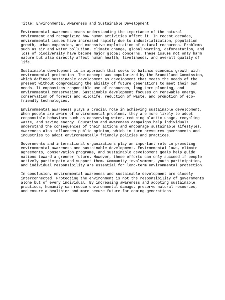 Environmental Awareness and Sustainable Development PDF | PDF ...
