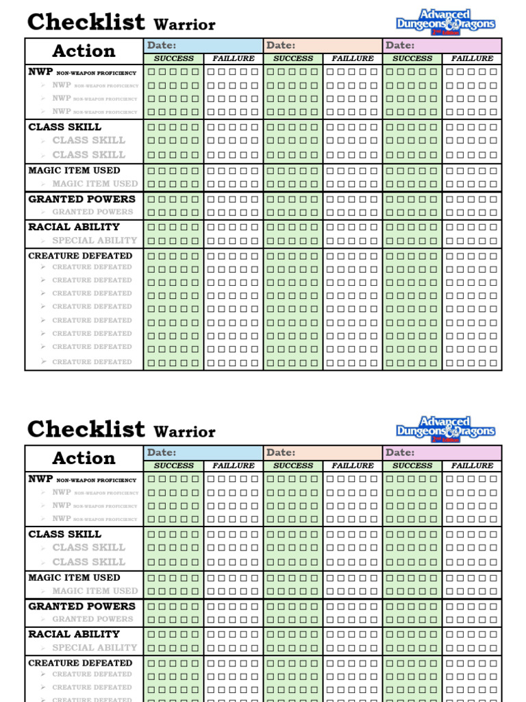 NWP Checklist for Skill Tracking | PDF | Role Playing Games