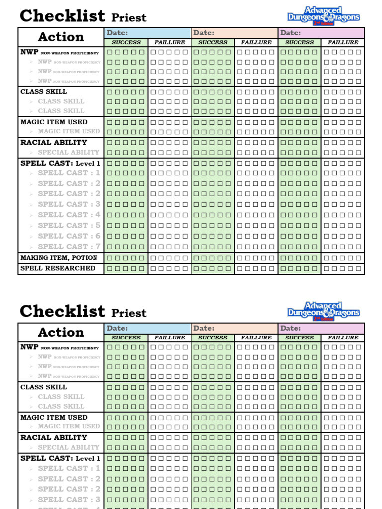 Priest Action Checklist Template | PDF | Role Playing Games | Fantasy Games