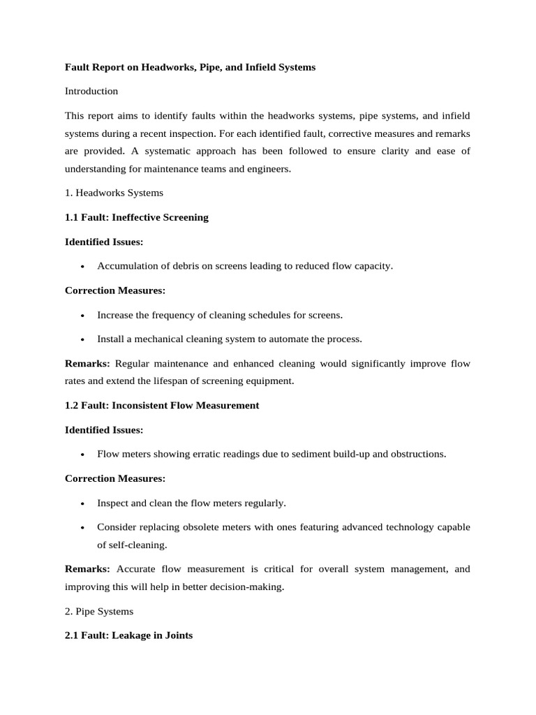 Fault Report On Headworks | PDF | Pipe (Fluid Conveyance) | Corrosion