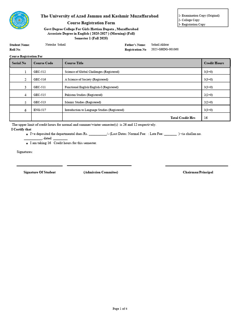 Fall 2025 Course Registration Form | PDF | Course Credit