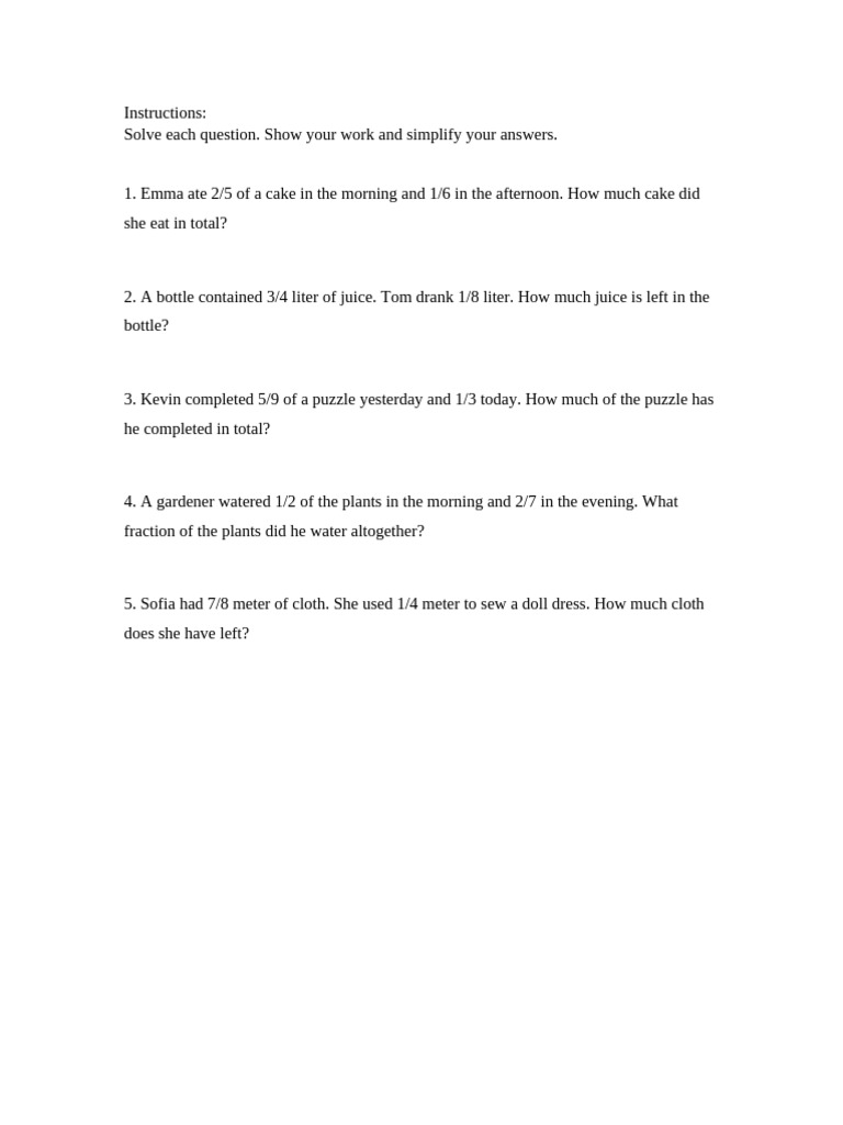 Fraction Word Problems Solutions | PDF