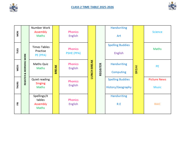 Class 2 Timetable 2025-2026 | PDF | Phonics | Writing