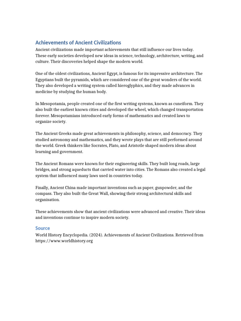 Ancient Civilizations Achievements With Source | PDF