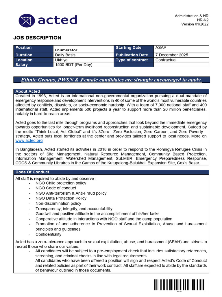 Enumerator Job Description in Ukhiya | PDF