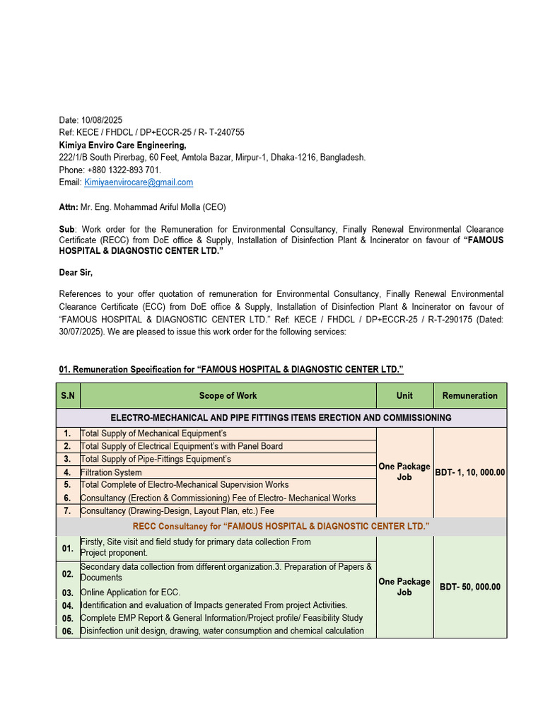 Work Order - DP+ECCR Famous Hospital & Diagnostic Center LTD | PDF