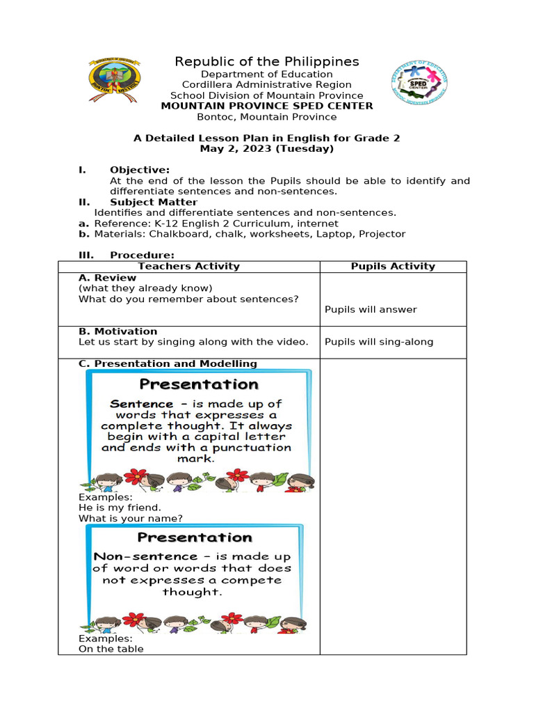 Grade 2 English Lesson Plan on Sentences | PDF