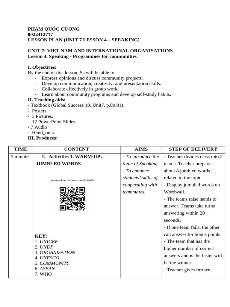 Lesson Plan Unit 7 - Lesson 4 Speaking | PDF | Lesson Plan | Communication