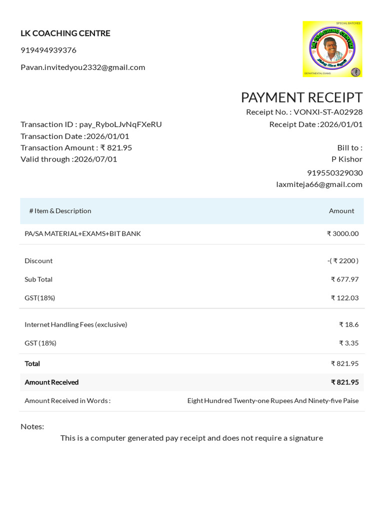 LK Coaching Centre Payment Receipt | PDF