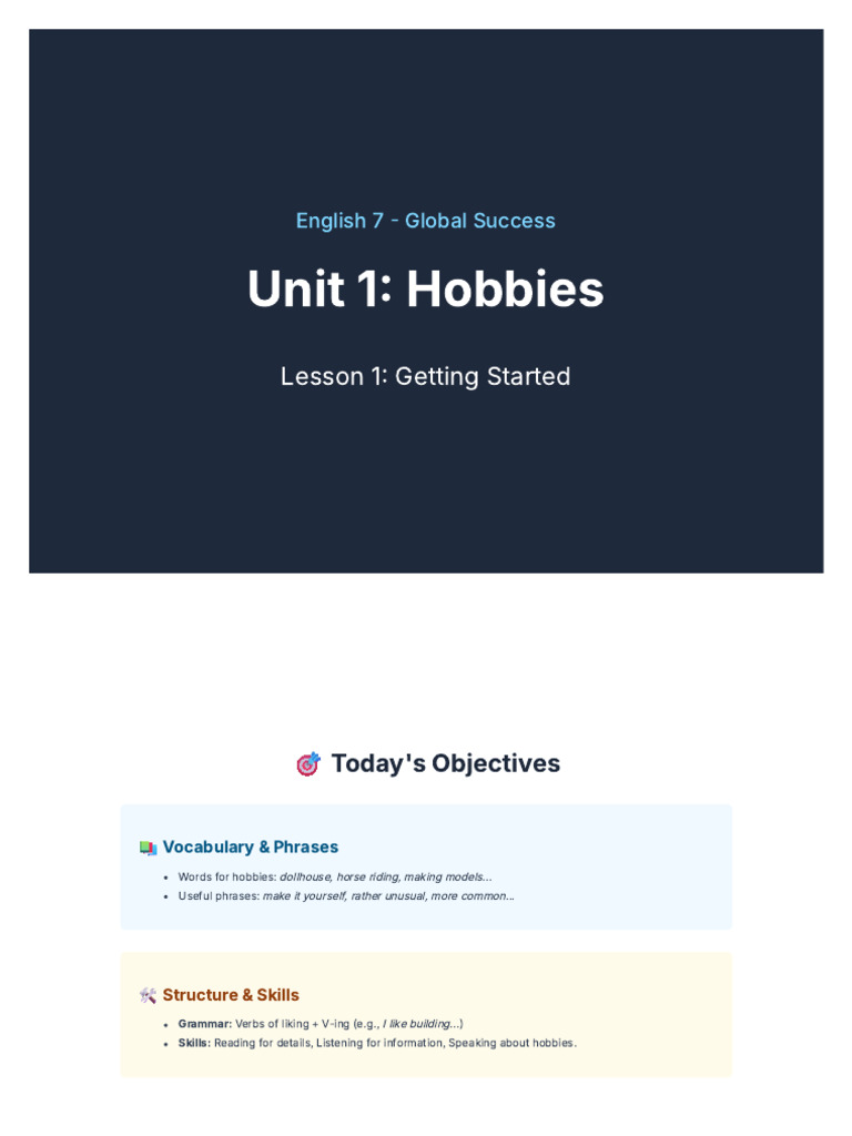 Unit 1 - Hobbies - Print Ready Slides | PDF | Hobbies | Linguistics
