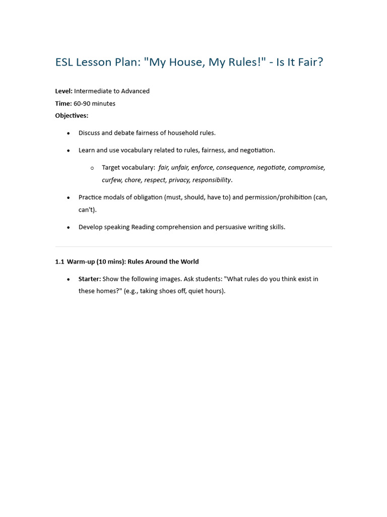 My House My Rules Lesson Plan | PDF | Reading Comprehension | Adolescence
