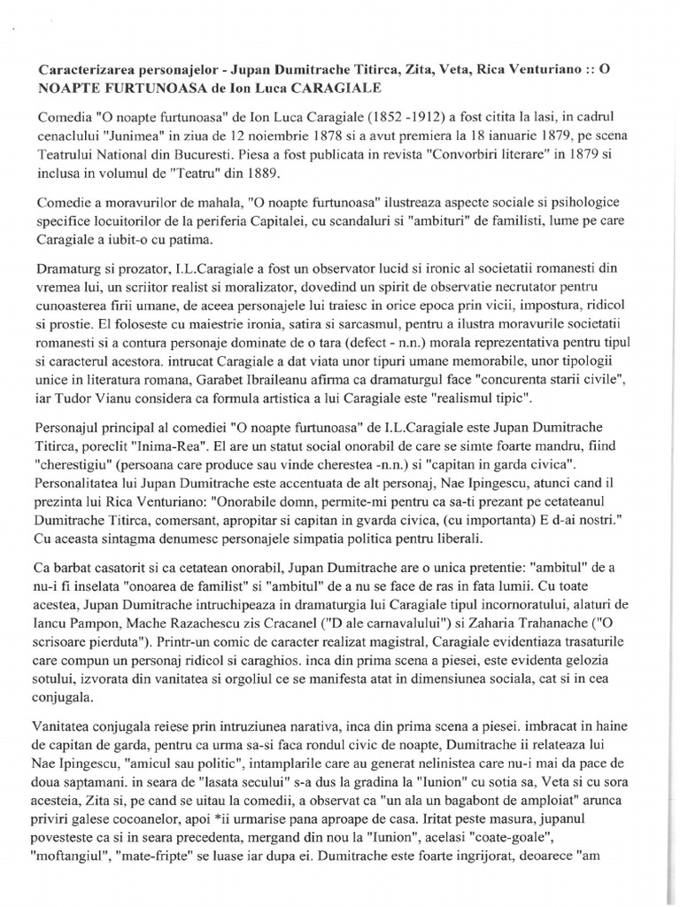 Caracterizarea Personajelor - O Noapte Furtunoasa | PDF