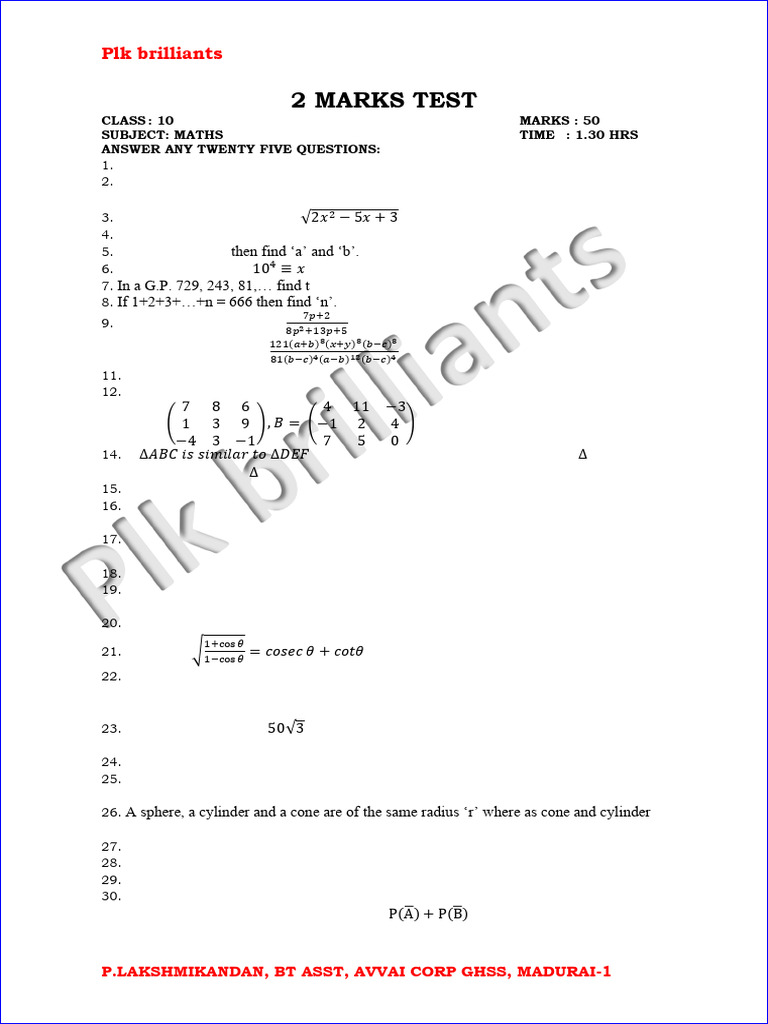 Class 10 Maths 2 Marks Test Questions | PDF | Mathematics | Geometry