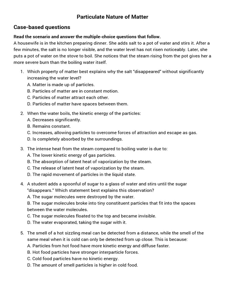 Understanding Matter: Case-Based Questions | PDF | Gases | Water