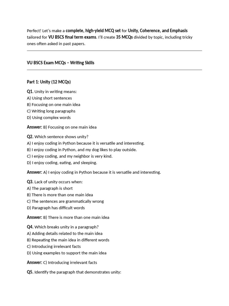 Complete, High-Yield MCQ Set Unity, Coherence, and Emphasis Vu Bscs ...
