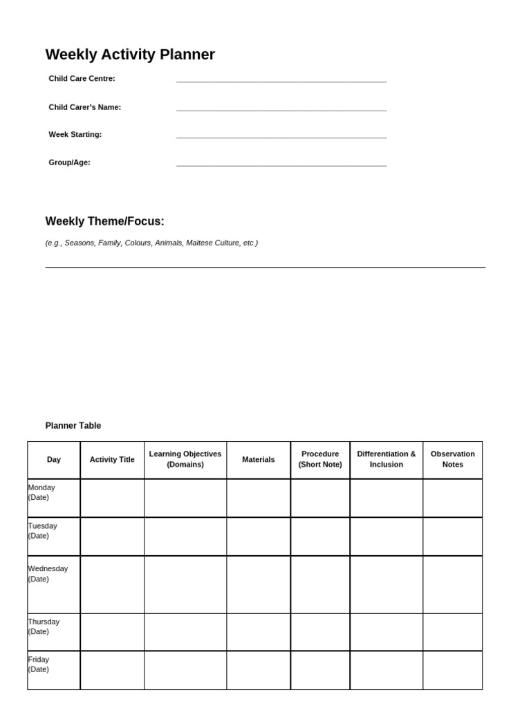 Weekly Child Care Activity Planner | PDF