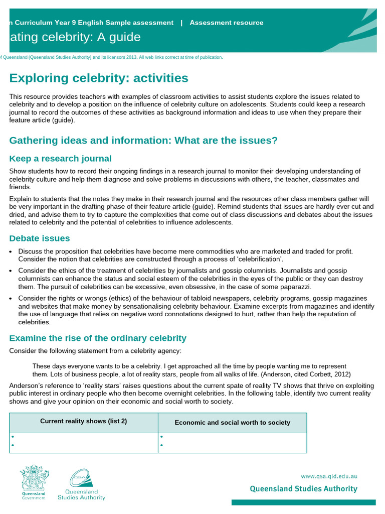 Year 9 English: Exploring Celebrity Culture | PDF | Adolescence | Celebrity