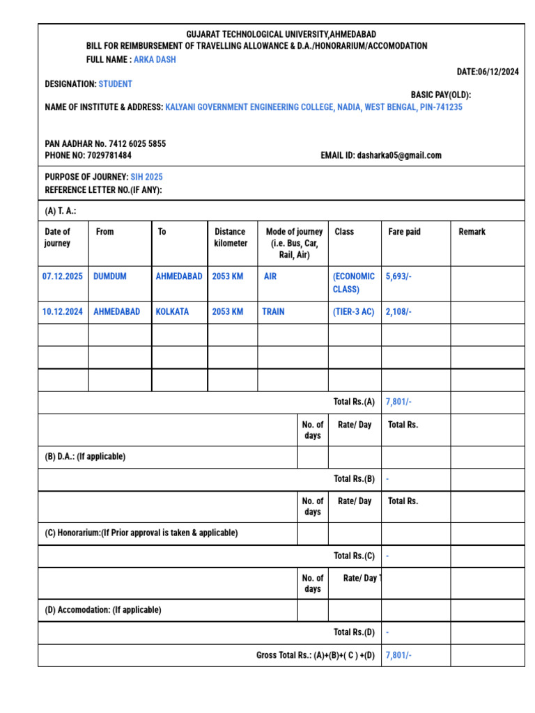 TA DA Bill Format - GTU | PDF | Transport