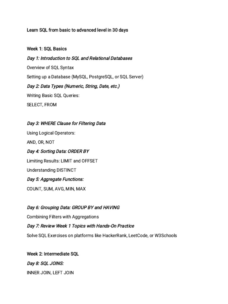 Learn SQL From Basic To Advanced Level in 30 Days | PDF | Sql | Computer Programming