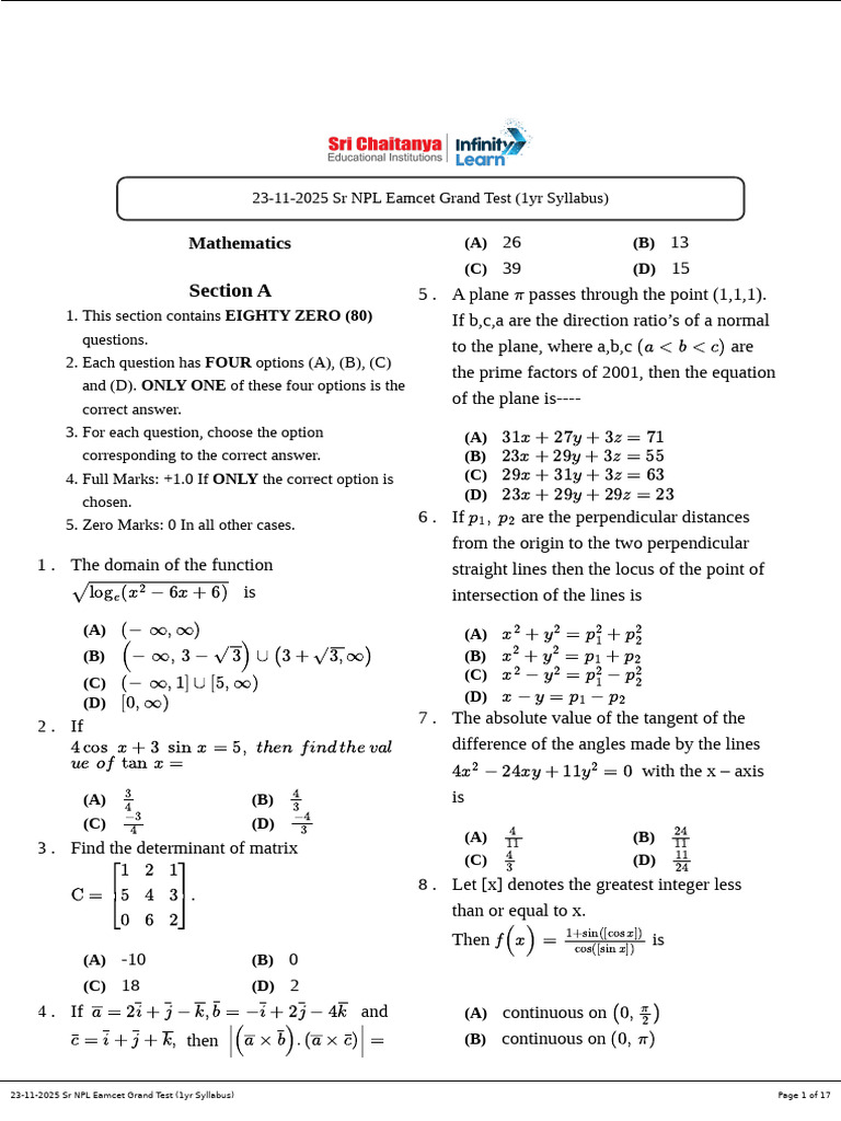 23-11-2025 SR NPL Eamcet Grand Test (1yr Syllabus) - QP | PDF | Mathematics