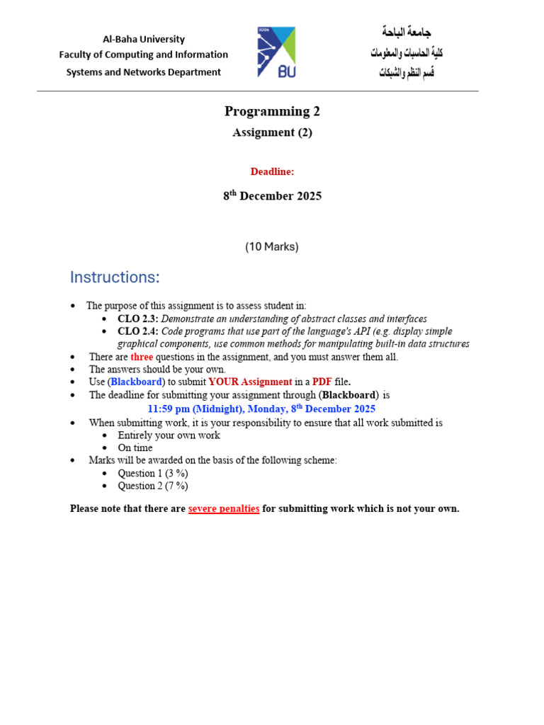 Programming 2 - Ssignment - 2 - 2025 | PDF | Integer (Computer Science) | Class (Computer ...