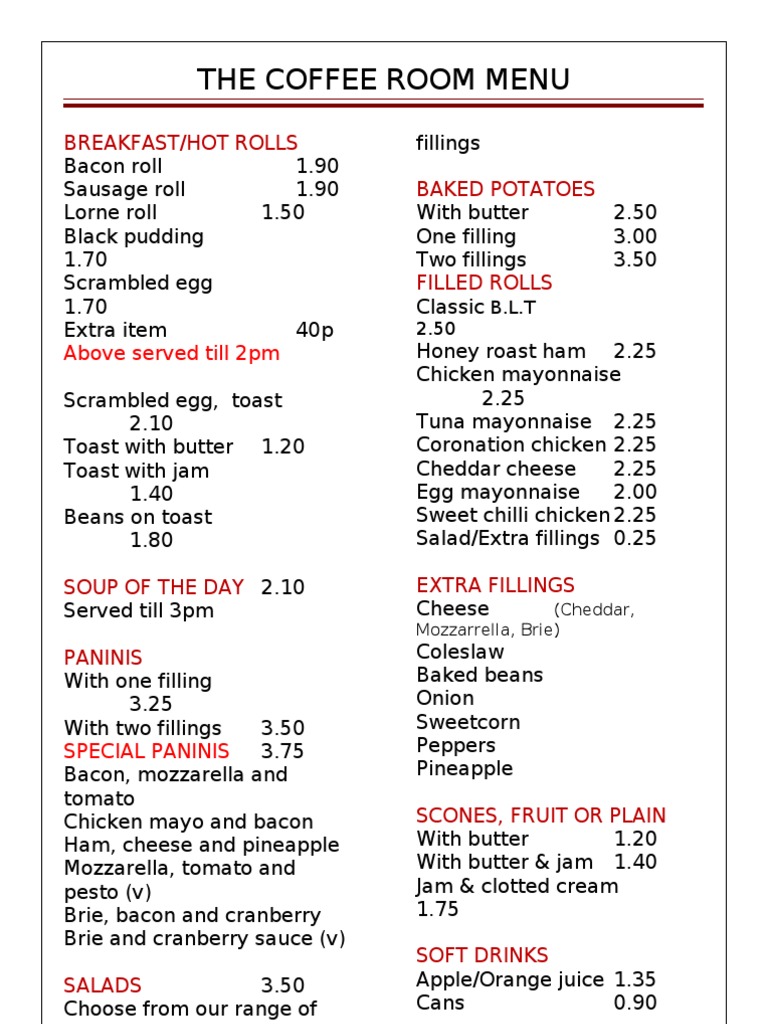 Coffee Room Menu Overview | PDF