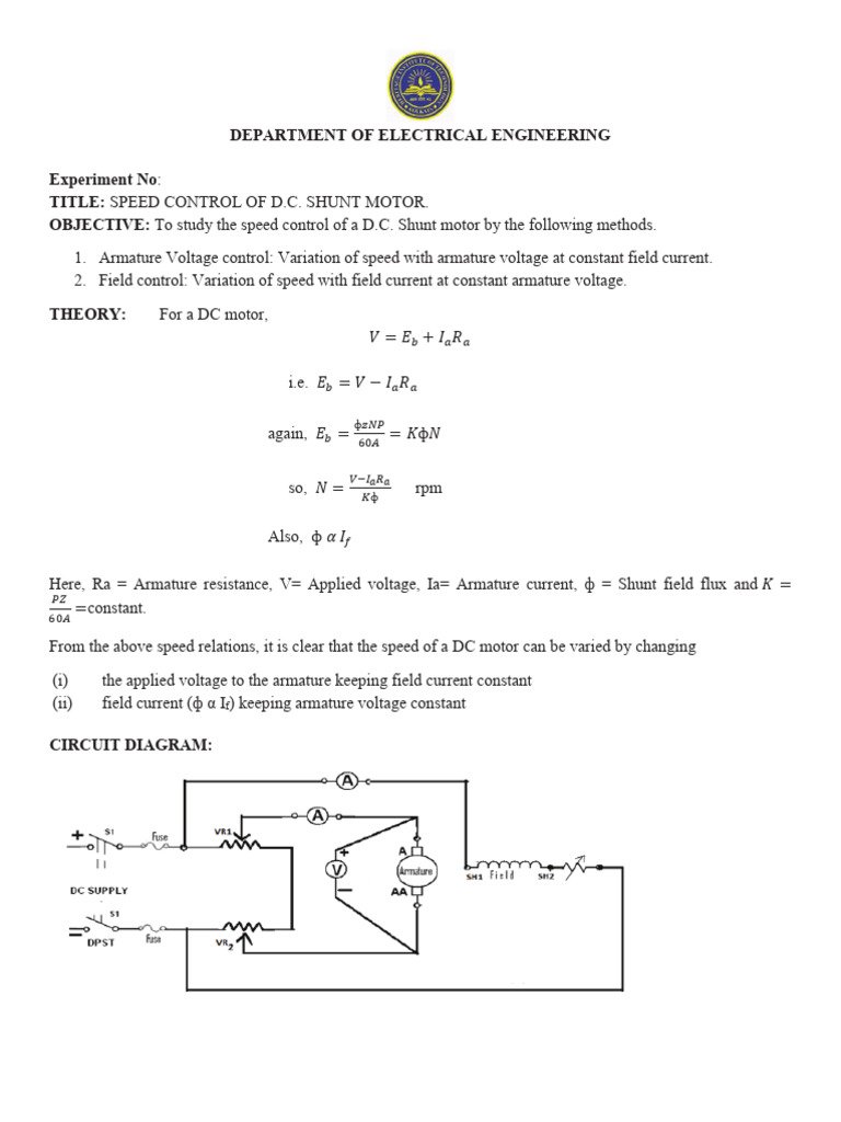 Speed Control of DC Shunt Motor | PDF | Electric Motor | Direct Current