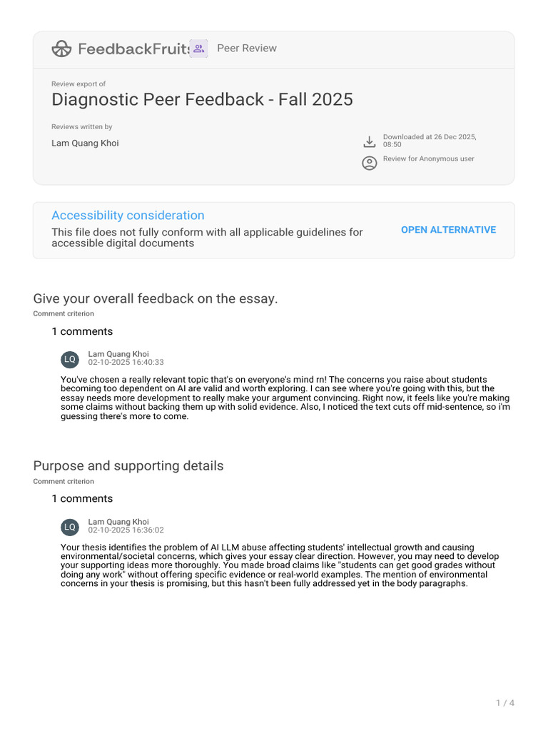 Diagnostic Peer Feedback on AI Essay | PDF | Artificial Intelligence ...