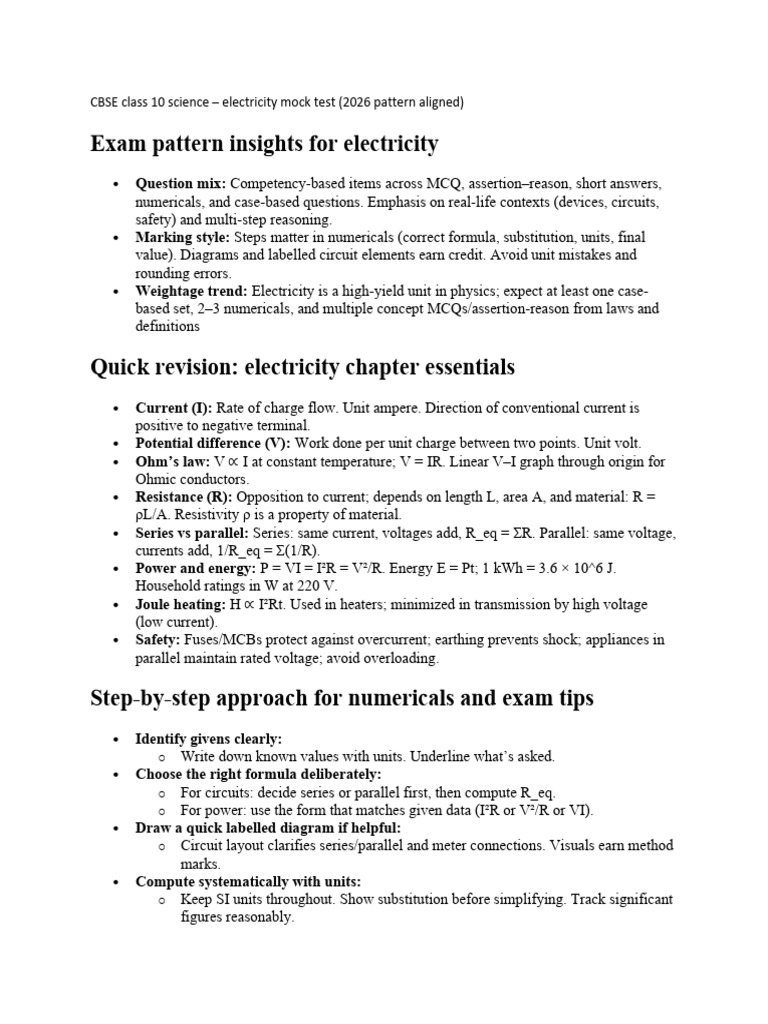 CBSE Class 10 Electricity Mock Test Guide | PDF | Electric Current ...