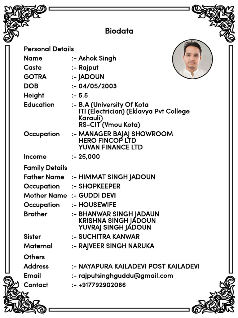 Ashok Singh's Detailed Biodata Profile | PDF