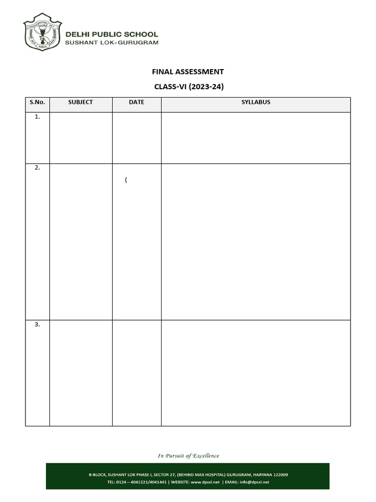 Date Sheet and Syllabus For Final Term - Class-VI - 240118 - 143429 | PDF