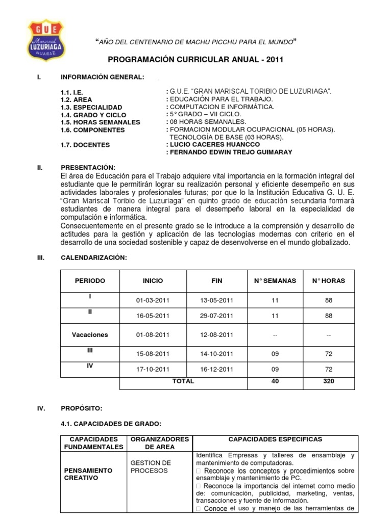 PROGRAMACIÓN 5to GRADO EPT 2011 | PDF | Software | Evaluación