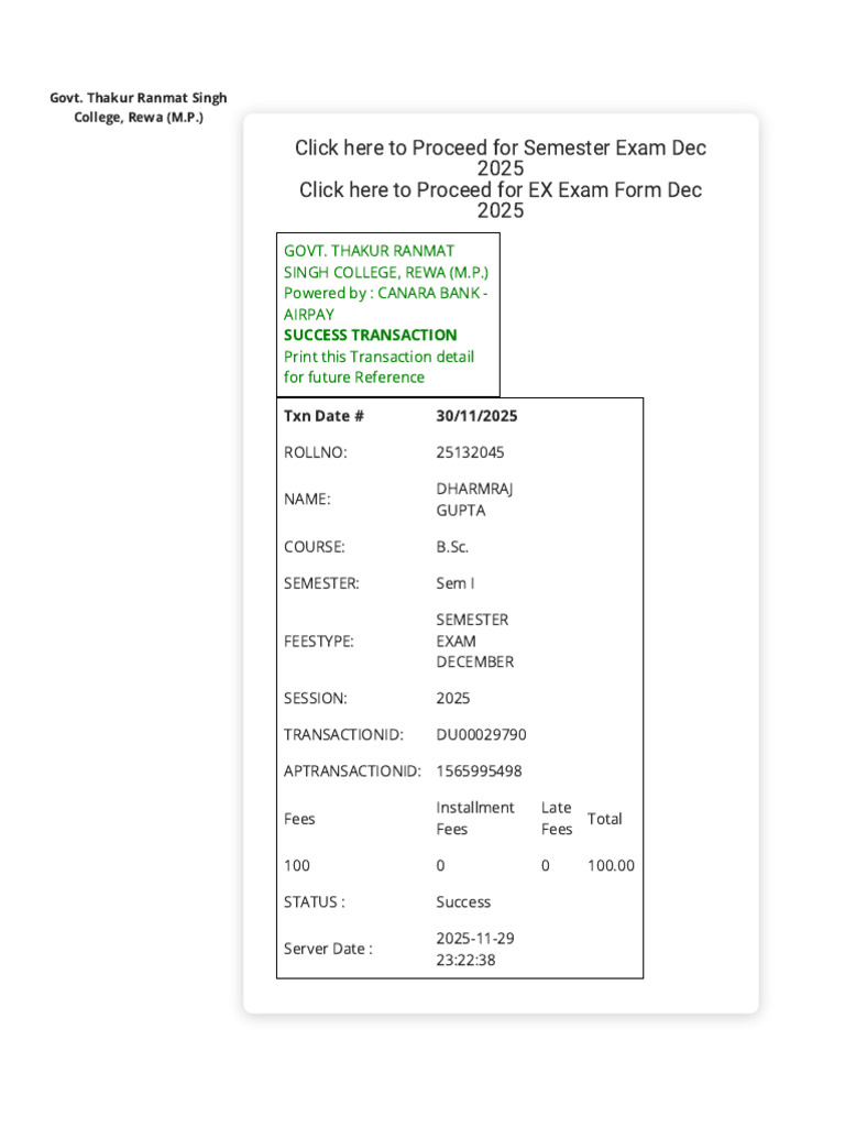 Semester Exam Fee Payment Confirmation | PDF