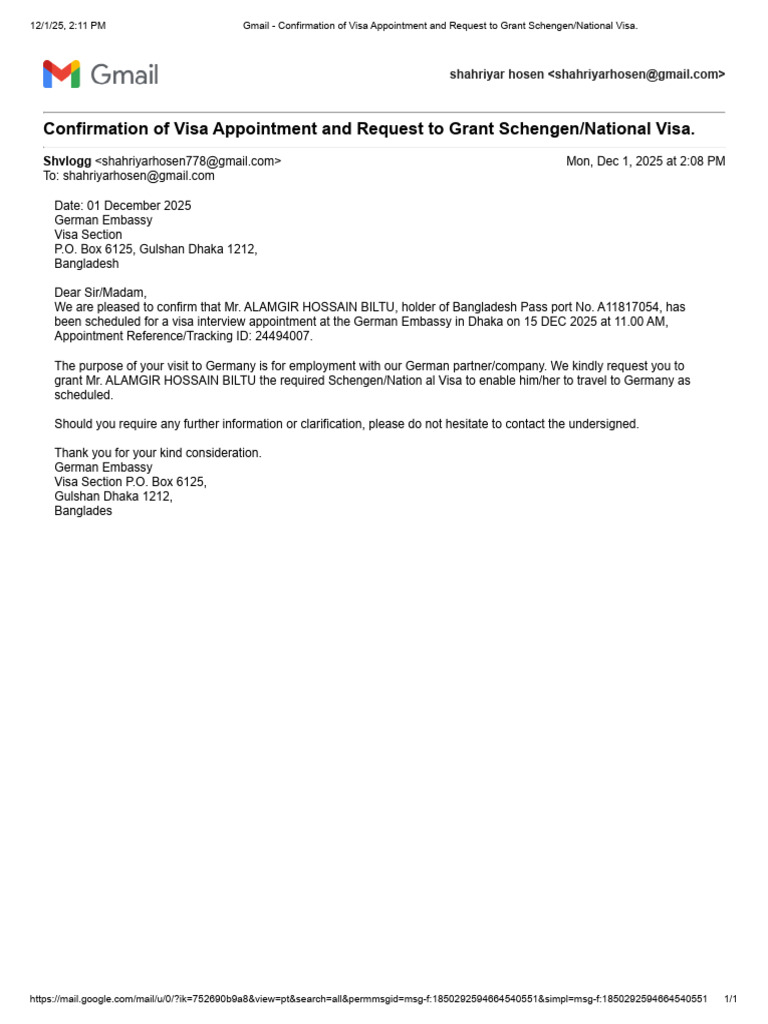 Gmail - Confirmation of Visa Appointment and Request To Grant Schengen ...