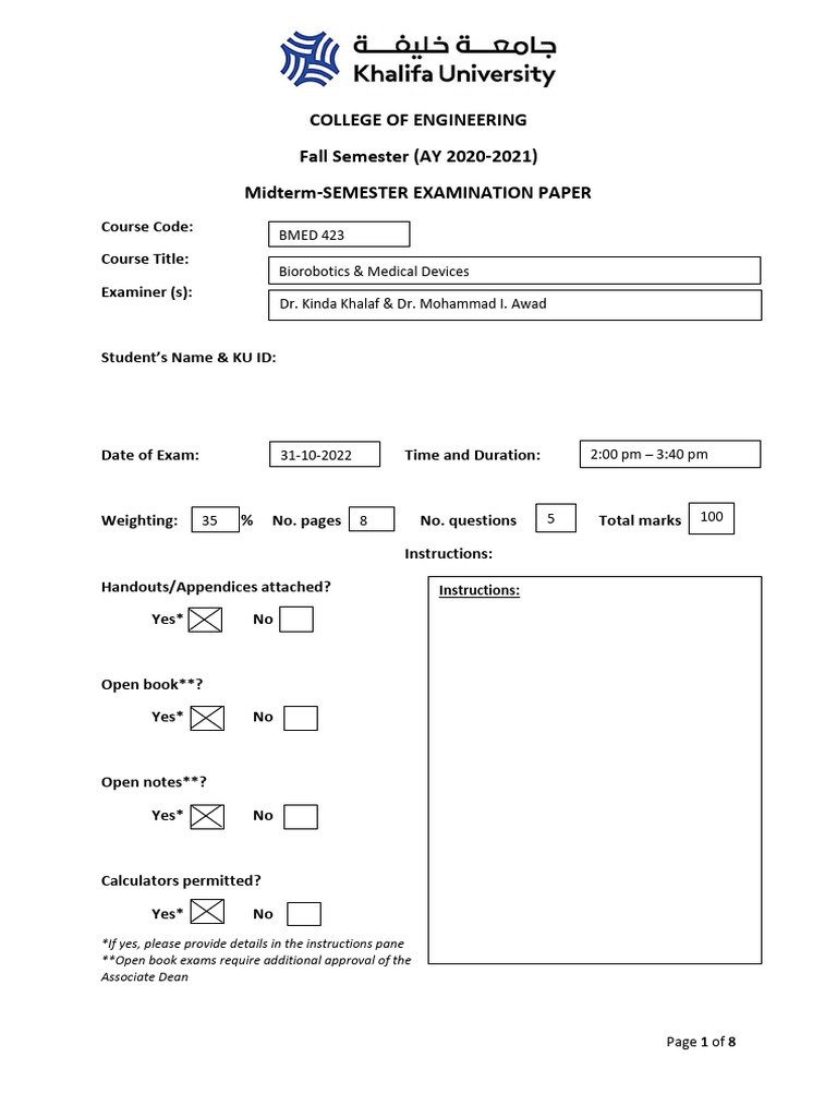 BMED 423 - Midterm Exam 2022 | PDF | Medical Equipment | Clinical Medicine
