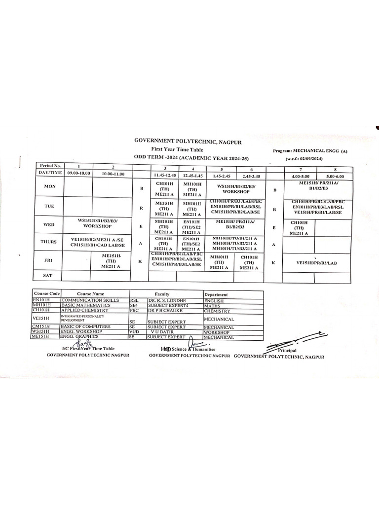 First Year Time Table 2024-25 | PDF