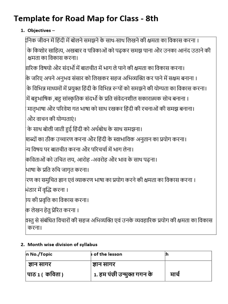 Template For Road Map For Class - 8th: 1. Objectives | PDF