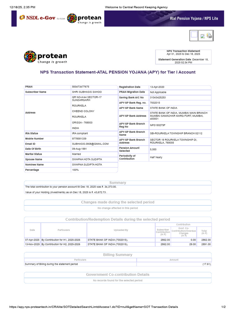 NPS Transaction Statement-ATAL PENSION YOJANA (APY) For Tier I Account ...