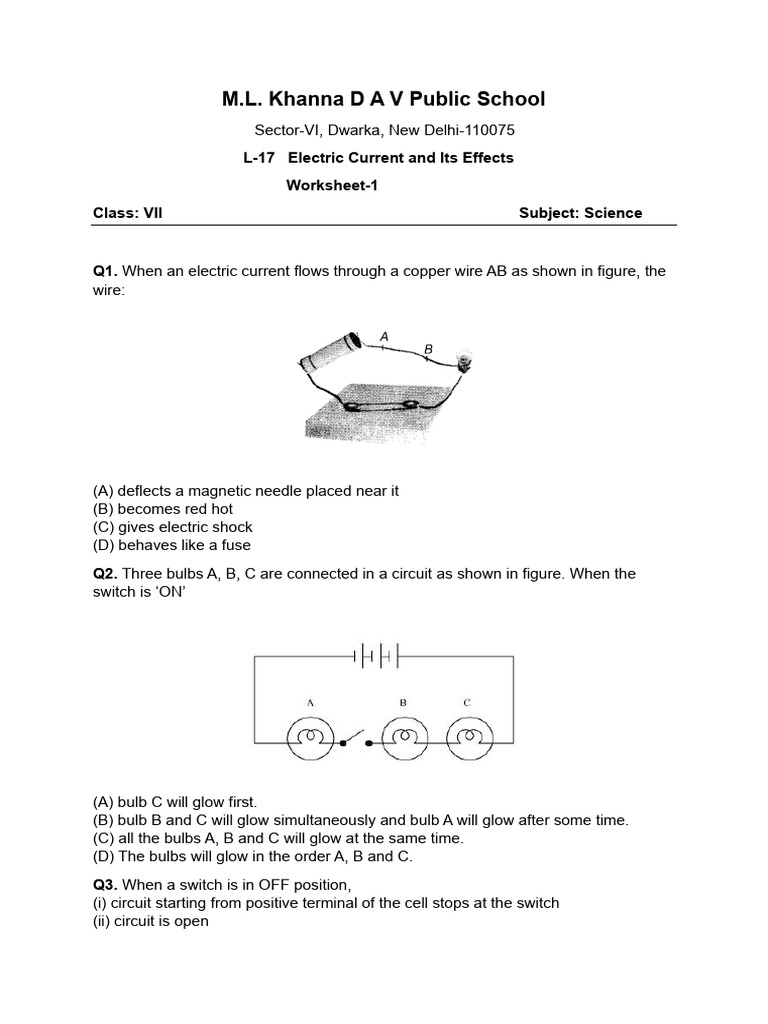 Electric Current Effects Worksheet for Class VII | PDF | Electrical ...